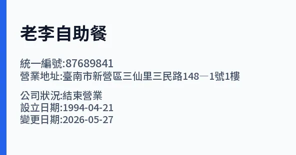 老李自助餐的照片-統編 87689841(臺南市) 公司登記資料與營業項目詳細圖表
