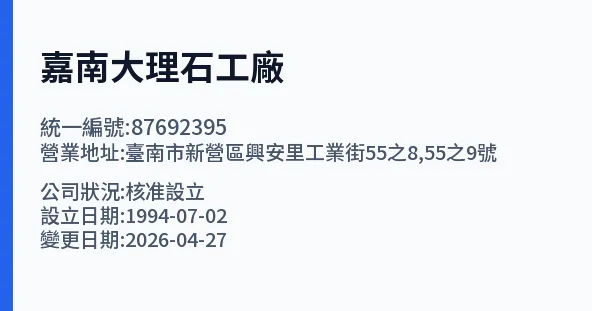 嘉南大理石工廠的照片-統編 87692395(臺南市) 公司登記資料與營業項目詳細圖表