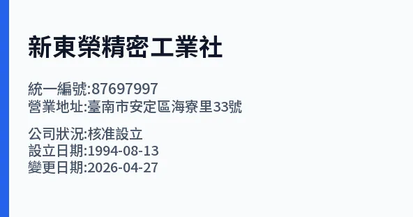 新東榮精密工業社的照片-統編 87697997(臺南市) 公司登記資料與營業項目詳細圖表