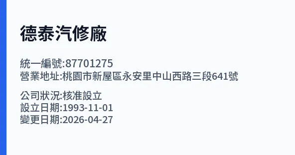 德泰汽修廠的照片-統編 87701275(桃園市) 公司登記資料與營業項目詳細圖表