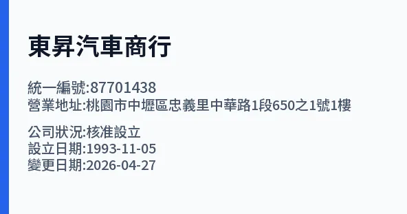 東昇汽車商行的照片-統編 87701438(桃園市) 公司登記資料與營業項目詳細圖表