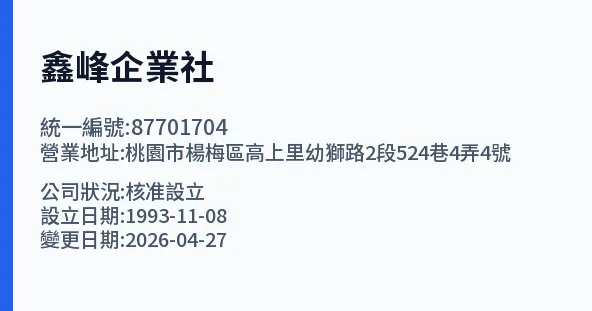 鑫峰企業社的照片-統編 87701704(桃園市) 公司登記資料與營業項目詳細圖表