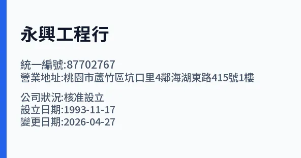 永興工程行的照片-統編 87702767(桃園市) 公司登記資料與營業項目詳細圖表