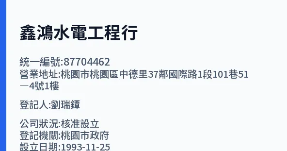 鑫鴻水電工程行的照片-統編 87704462(桃園市) 公司登記資料與營業項目詳細圖表