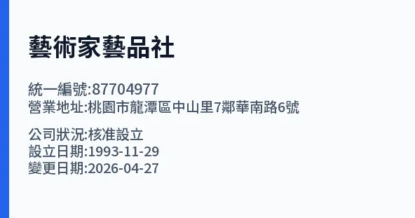 藝術家藝品社的照片-統編 87704977(桃園市) 公司登記資料與營業項目詳細圖表