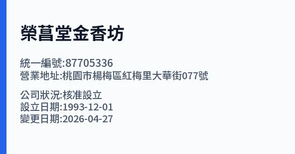 榮菖堂金香坊的照片-統編 87705336(桃園市) 公司登記資料與營業項目詳細圖表