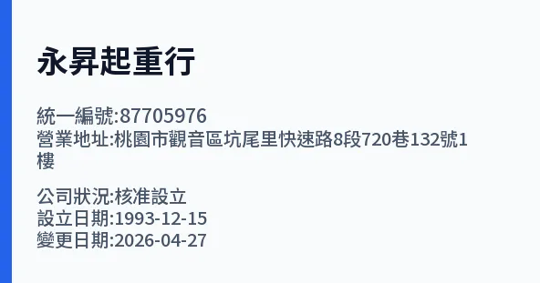永昇起重行的照片-統編 87705976(桃園市) 公司登記資料與營業項目詳細圖表