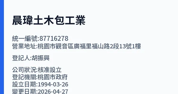 晨瑋土木包工業的照片-統編 87716278(桃園市) 公司登記資料與營業項目詳細圖表
