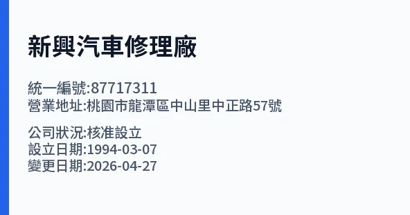 新興汽車修理廠的照片-統編 87717311(桃園市) 公司登記資料與營業項目詳細圖表