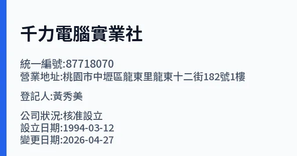 千力電腦實業社的照片-統編 87718070(桃園市) 公司登記資料與營業項目詳細圖表