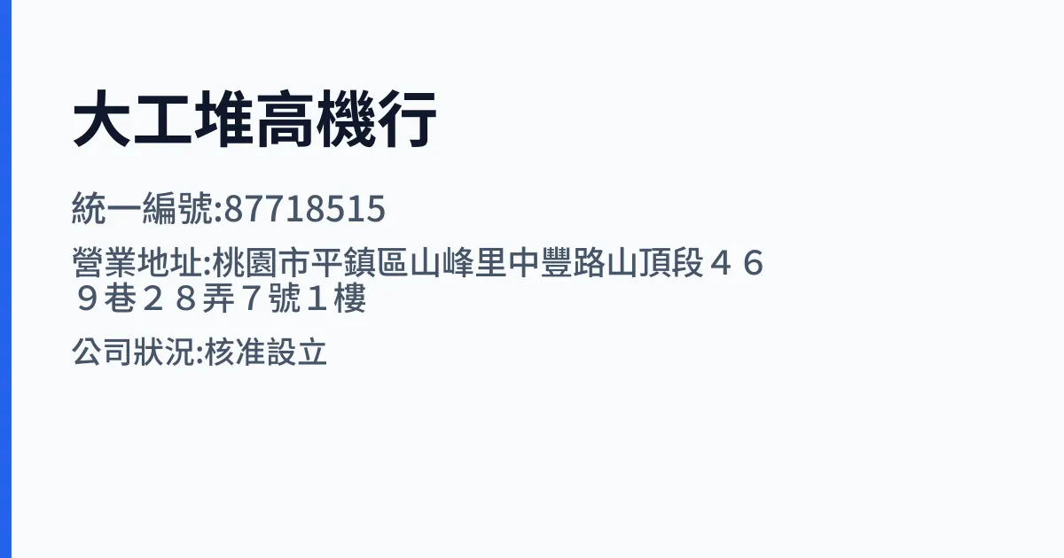 大工堆高機行 - 統編 87718515(桃園市) 公司登記資料與營業項目詳細圖表