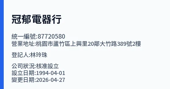 冠郁電器行的照片-統編 87720580(桃園市) 公司登記資料與營業項目詳細圖表