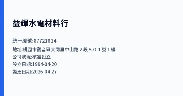 益輝水電材料行的照片-統編 87721814(桃園市) 公司登記資料與營業項目詳細圖表
