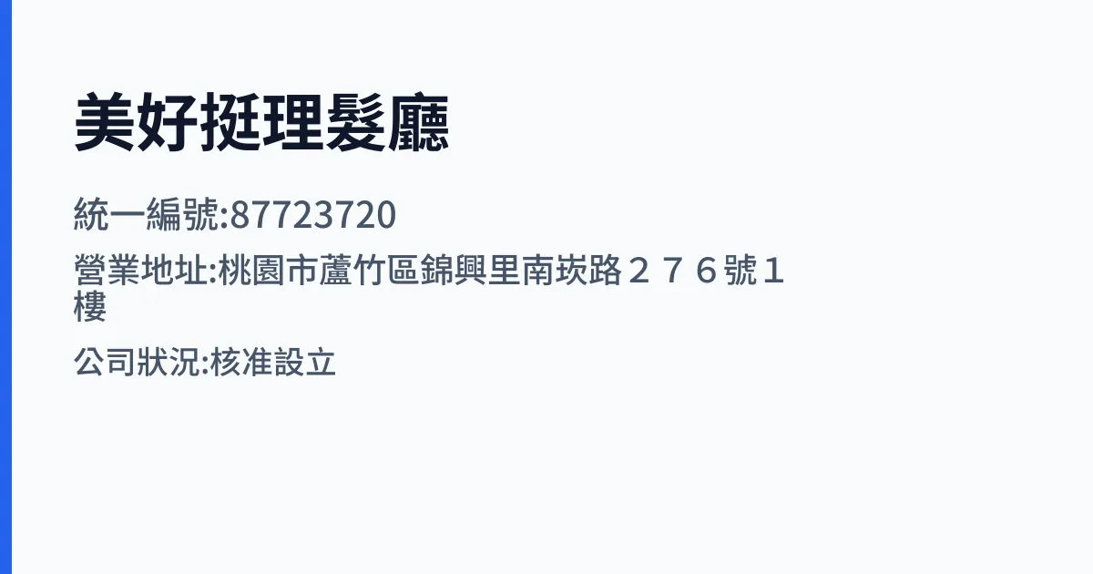 美好挺理髮廳 - 統編 87723720(桃園市) 公司登記資料與營業項目詳細圖表