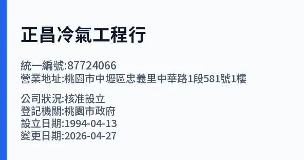 正昌冷氣工程行的照片-統編 87724066(桃園市) 公司登記資料與營業項目詳細圖表