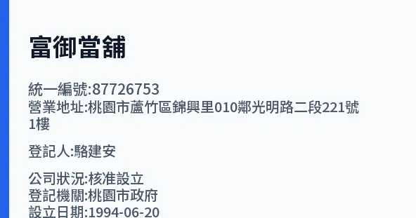 富御當舖的照片-統編 87726753(桃園市) 公司登記資料與營業項目詳細圖表