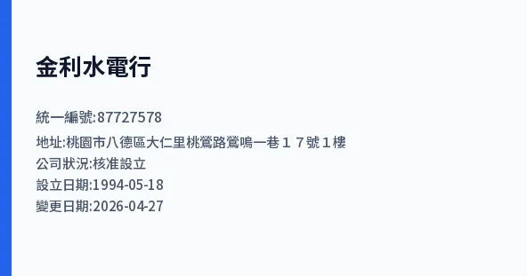 金利水電行的照片-統編 87727578(桃園市) 公司登記資料與營業項目詳細圖表