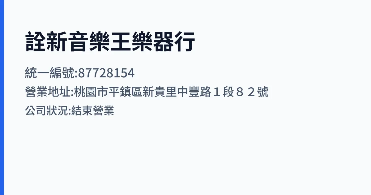 詮新音樂王樂器行 - 統編 87728154（桃園市） 公司登記資料與營業項目詳細圖表