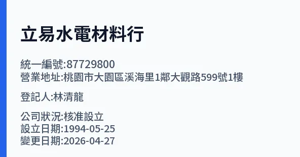 立易水電材料行的照片-統編 87729800(桃園市) 公司登記資料與營業項目詳細圖表