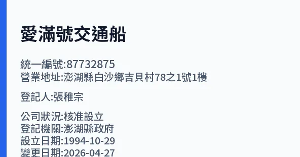愛滿號交通船的照片-統編 87732875(澎湖縣) 公司登記資料與營業項目詳細圖表