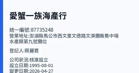 愛蟹一族海產行的照片-統編 87735248(澎湖縣) 公司登記資料與營業項目詳細圖表