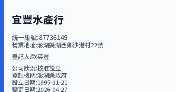 宜豐水產行的照片-統編 87736149(澎湖縣) 公司登記資料與營業項目詳細圖表