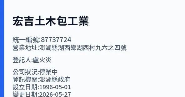 宏吉土木包工業的照片-統編 87737724(澎湖縣) 公司登記資料與營業項目詳細圖表