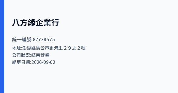 八方緣企業行的照片-統編 87738575(澎湖縣) 公司登記資料與營業項目詳細圖表