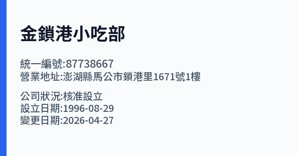 金鎖港小吃部的照片-統編 87738667(澎湖縣) 公司登記資料與營業項目詳細圖表
