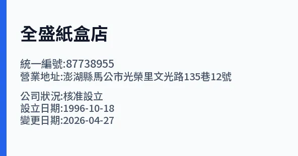全盛紙盒店的照片-統編 87738955(澎湖縣) 公司登記資料與營業項目詳細圖表