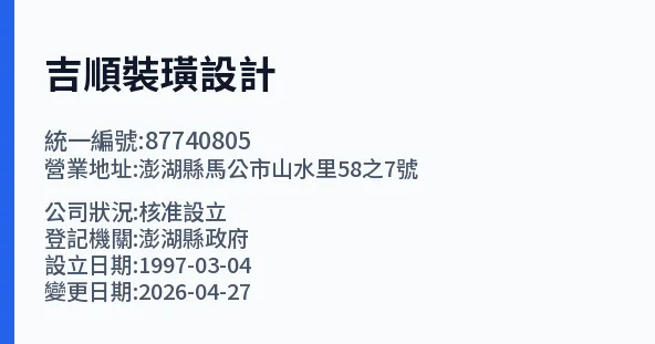 吉順裝璜設計的照片-統編 87740805(澎湖縣) 公司登記資料與營業項目詳細圖表