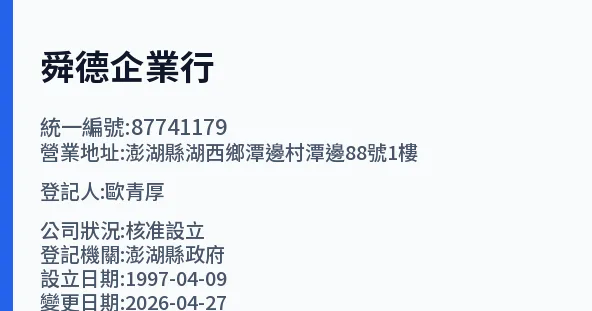 舜德企業行的照片-統編 87741179(澎湖縣) 公司登記資料與營業項目詳細圖表