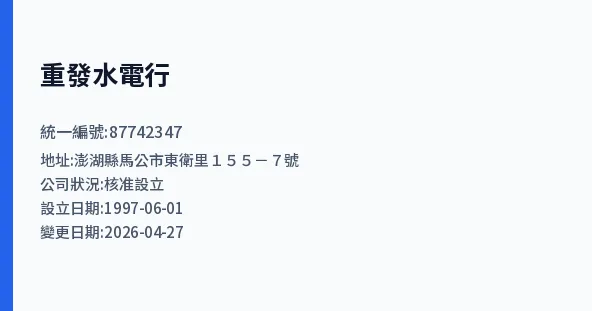 重發水電行的照片-統編 87742347(澎湖縣) 公司登記資料與營業項目詳細圖表