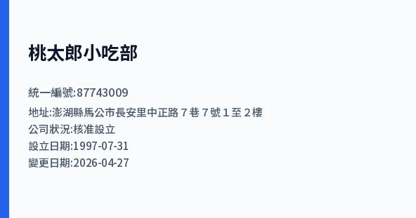 桃太郎小吃部的照片-統編 87743009(澎湖縣) 公司登記資料與營業項目詳細圖表