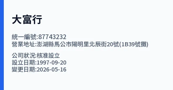大富行的照片-統編 87743232(澎湖縣) 公司登記資料與營業項目詳細圖表