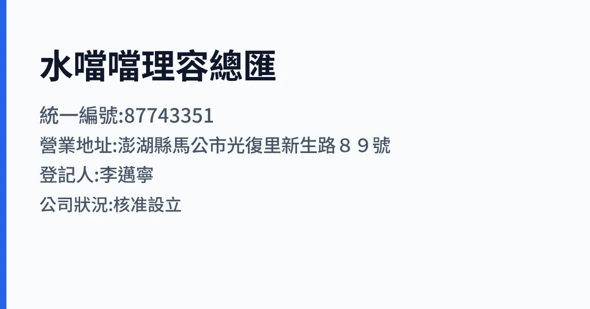 水噹噹理容總匯 - 統編 87743351(澎湖縣) 公司登記資料與營業項目詳細圖表