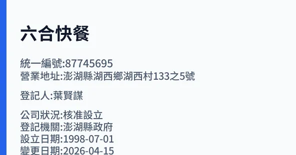 六合快餐的照片-統編 87745695(澎湖縣) 公司登記資料與營業項目詳細圖表