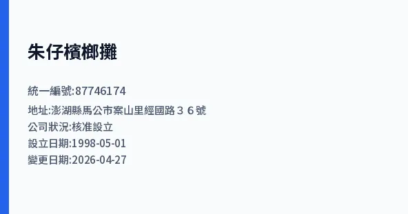 朱仔檳榔攤的照片-統編 87746174(澎湖縣) 公司登記資料與營業項目詳細圖表