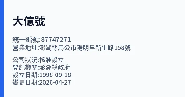 大億號的照片-統編 87747271(澎湖縣) 公司登記資料與營業項目詳細圖表