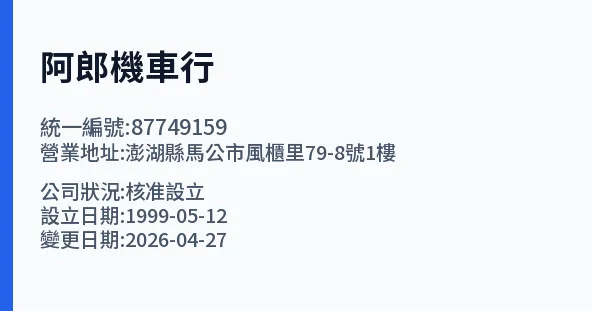 阿郎機車行的照片-統編 87749159(澎湖縣) 公司登記資料與營業項目詳細圖表