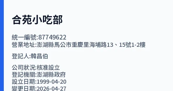 合苑小吃部的照片-統編 87749622(澎湖縣) 公司登記資料與營業項目詳細圖表