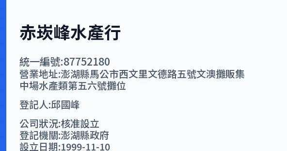 赤崁峰水產行的照片-統編 87752180(澎湖縣) 公司登記資料與營業項目詳細圖表