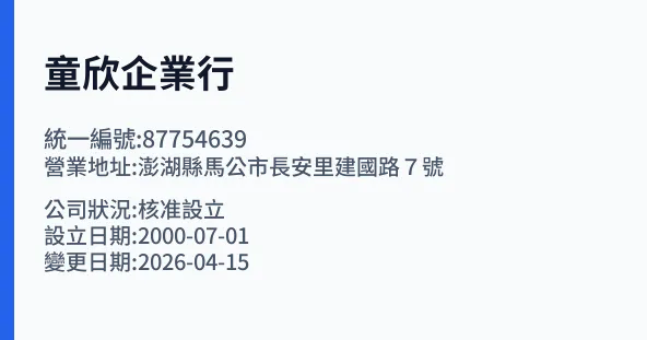 童欣企業行的照片-統編 87754639(澎湖縣) 公司登記資料與營業項目詳細圖表