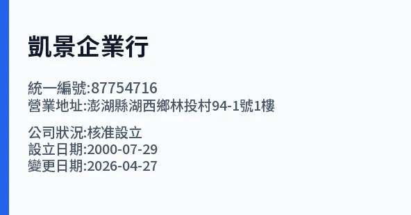 凱景企業行的照片-統編 87754716(澎湖縣) 公司登記資料與營業項目詳細圖表