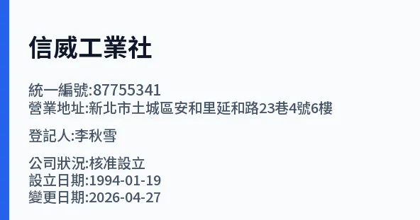 信威工業社的照片-統編 87755341(新北市) 公司登記資料與營業項目詳細圖表