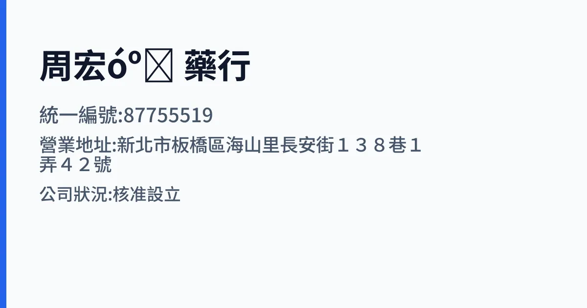 周宏󺘠藥行 - 統編 87755519(新北市) 公司登記資料與營業項目詳細圖表