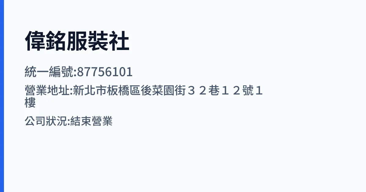 偉銘服裝社 - 統編 87756101(新北市) 公司登記資料與營業項目詳細圖表