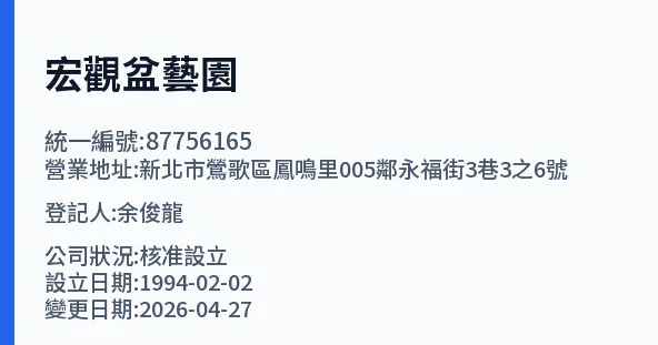 宏觀盆藝園的照片-統編 87756165(新北市) 公司登記資料與營業項目詳細圖表