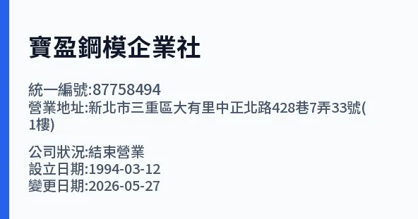 寶盈鋼模企業社的照片-統編 87758494(新北市) 公司登記資料與營業項目詳細圖表