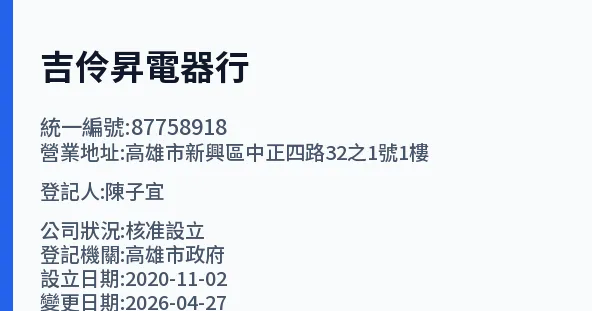 吉伶昇電器行的照片-統編 87758918(高雄市) 公司登記資料與營業項目詳細圖表